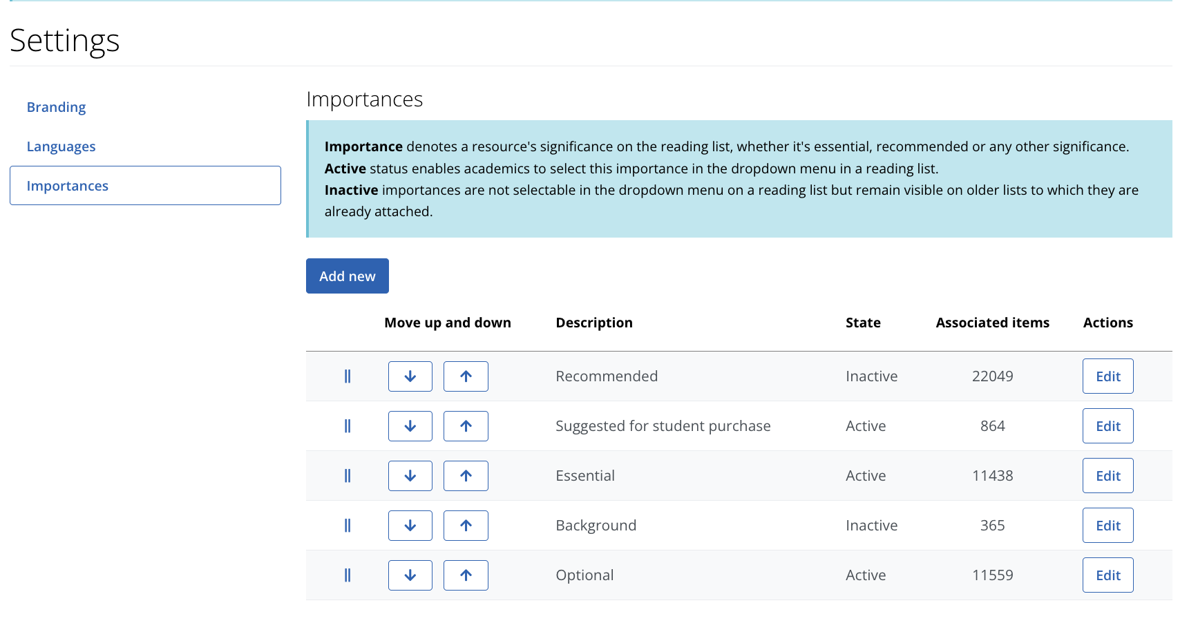 Settings: Importances – Talis Aspire