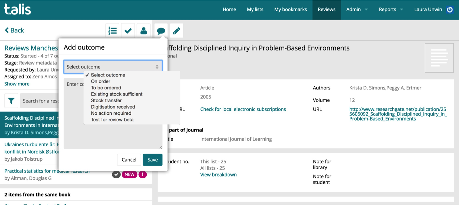 Acquisitions review outcomes – Talis Aspire